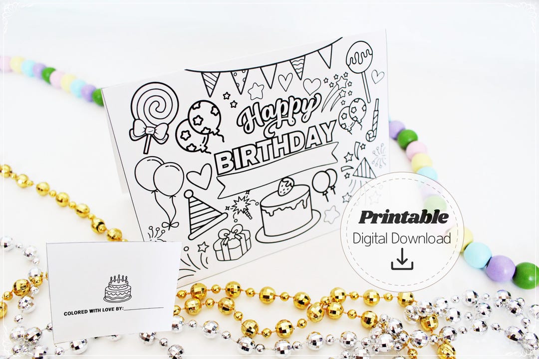Happy Birthday Coloring Card Printable DIY Coloring Greeting Card for ...