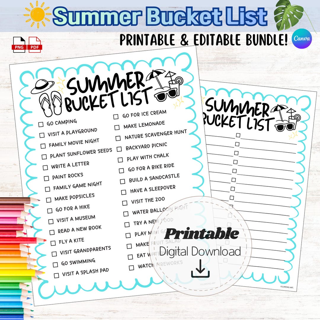 Editable Summer Bucket List for Kids, Summer Activities Checklist ...