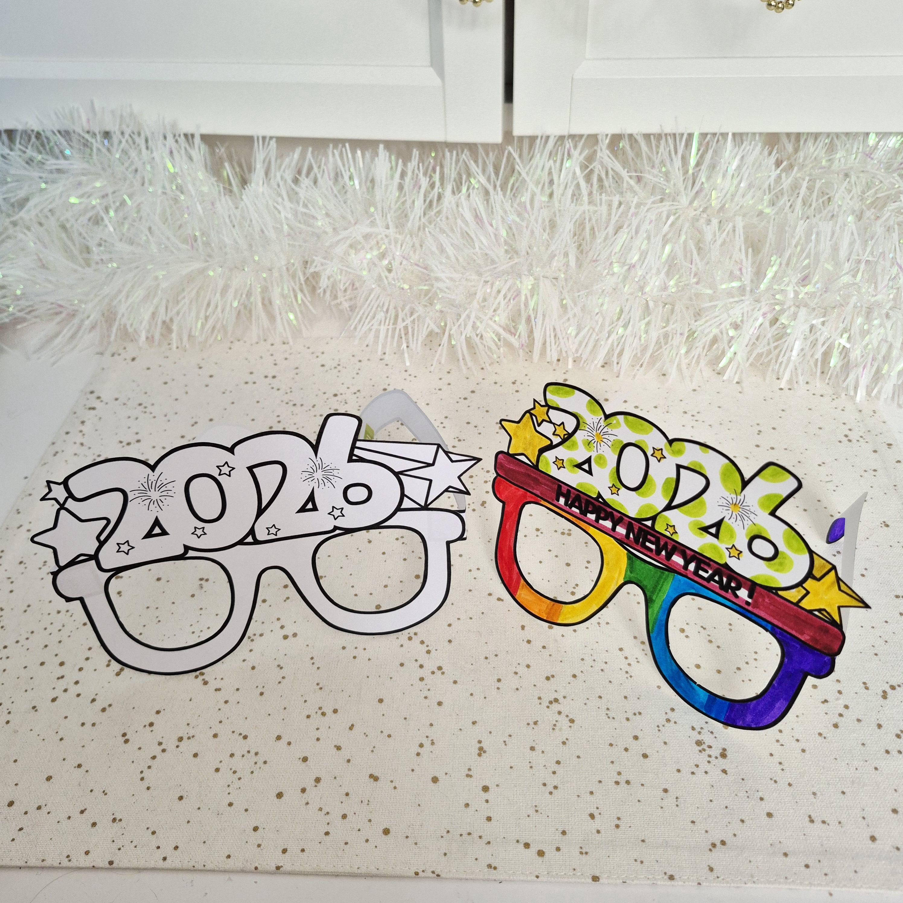 Happy New Year 2026 Paper Glasses Craft Printable, New Year Coloring ...
