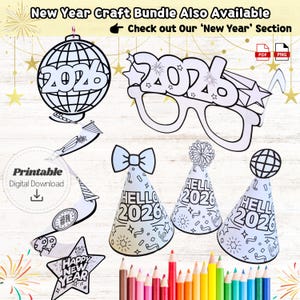 Happy New Year 2026 Paper Glasses Craft Printable, New Year Coloring ...