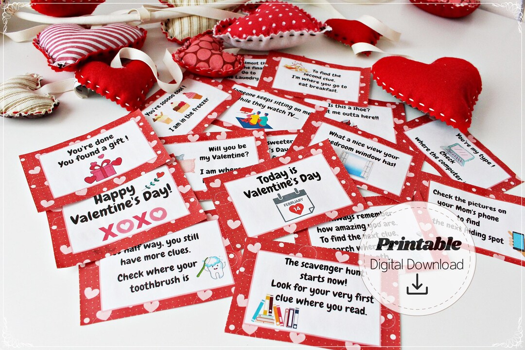 Valentine’s Day Scavenger Hunt Cards, Printable Clue Set Treasure Hunt ...