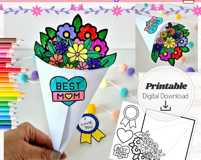 Tarjeta para colorear del Día de la Madre, ramo de flores imprimible ...