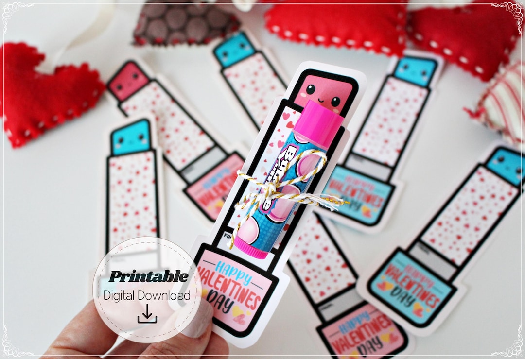 Valentines Lip Balm Card Holder Printable Gift Tags Kids Classroom ...