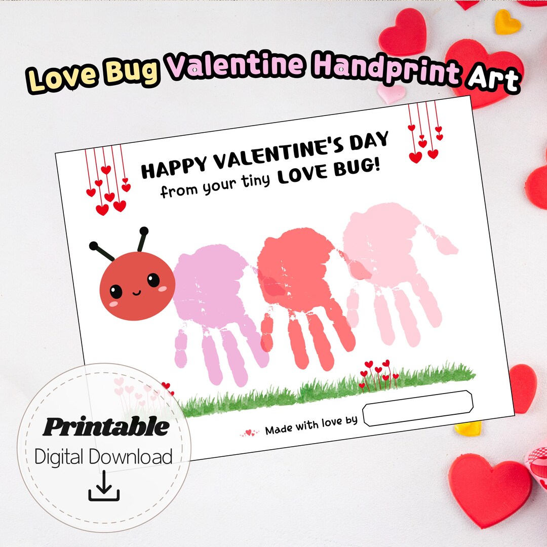 Valentine Love Bug Handprint Craft Printable, Kids Valentine's Day DIY ...