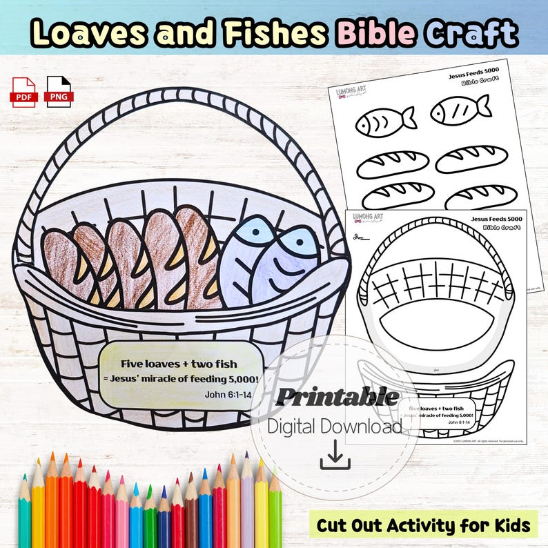 Loaves and Fishes Bible Story Craft | Jesus Feeds 5000 Printable Basket ...