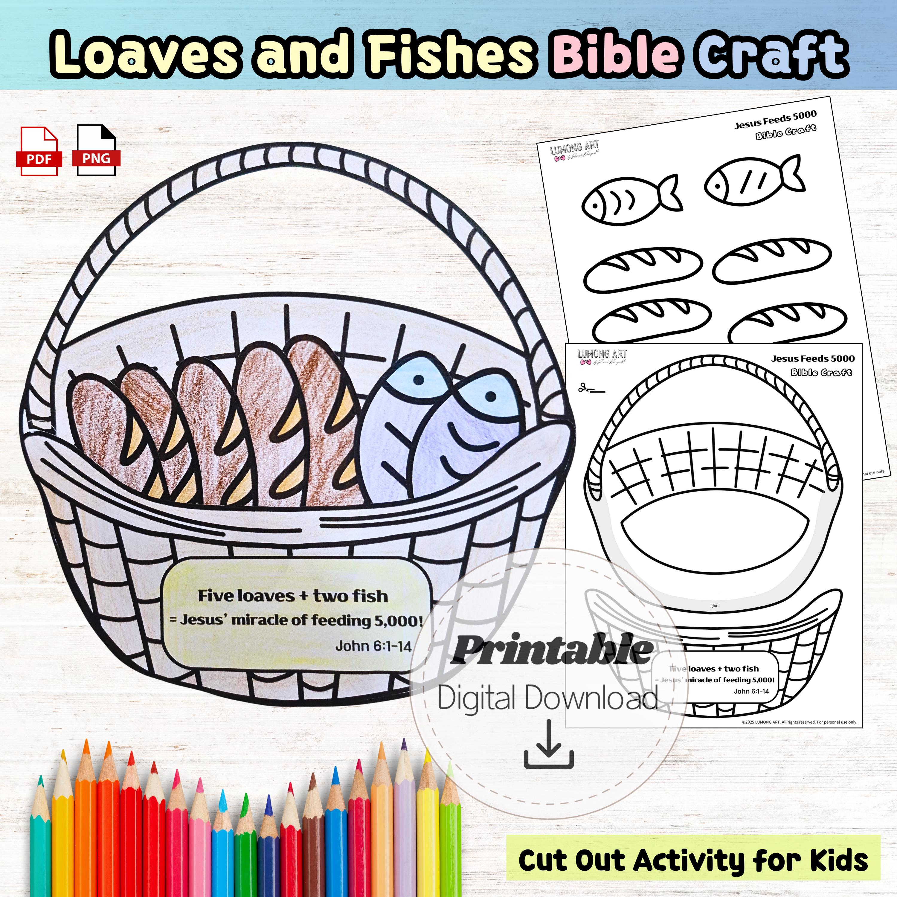 Loaves and Fishes Bible Story Craft | Jesus Feeds 5000 Printable Basket ...
