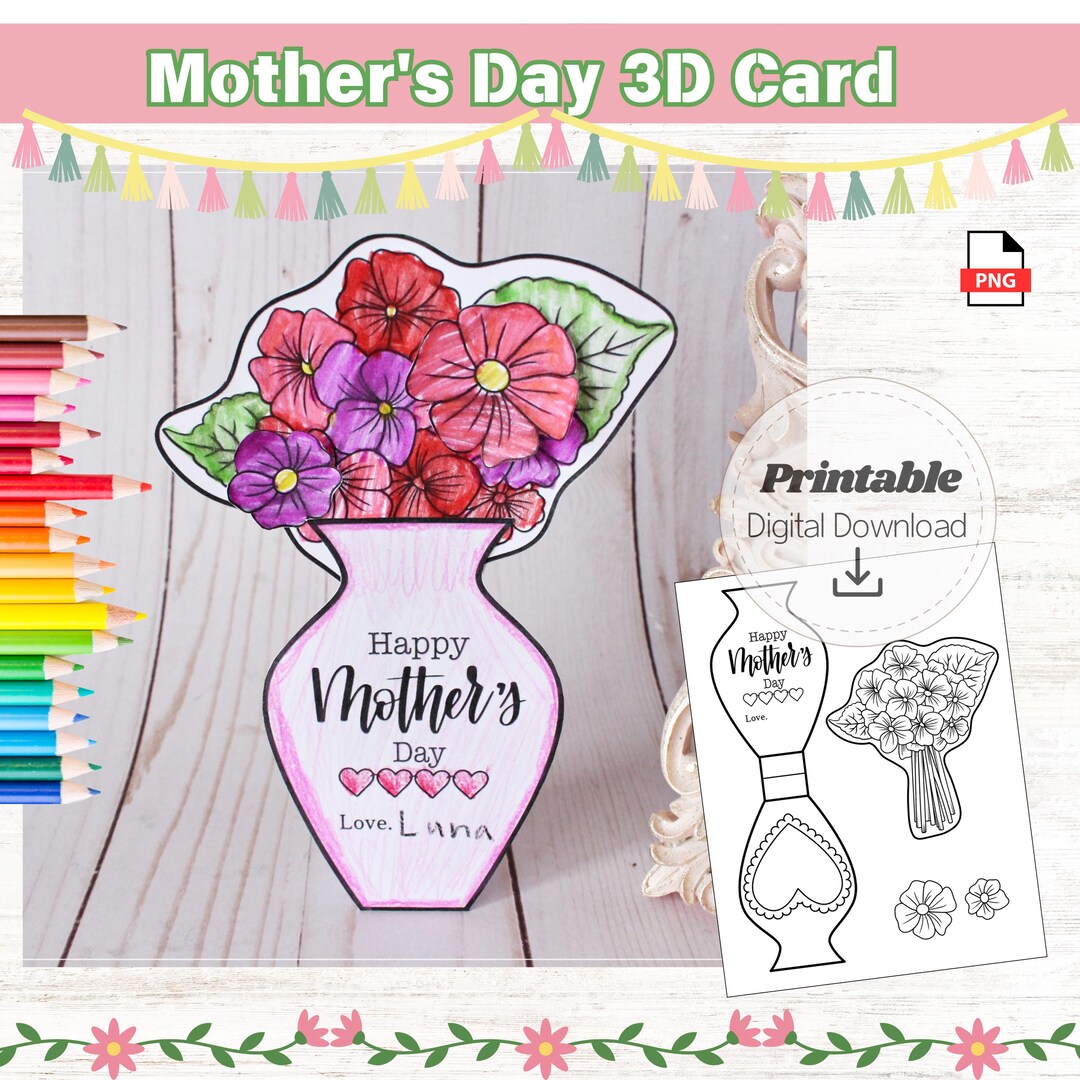 Mother's Day 3D Flower Vase Card Printable Color & Craft Kids Activity ...