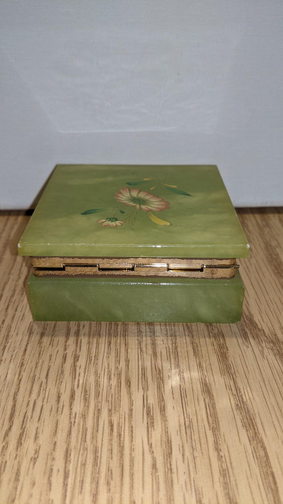 Green Square Alabaster Trinket Box / Floral Design / … - Gem