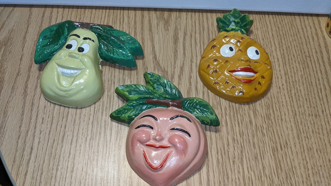 Set of 3 RARE Chalkware Fruit Wall Decor / Anthropomorphic / Fruit Wall ...