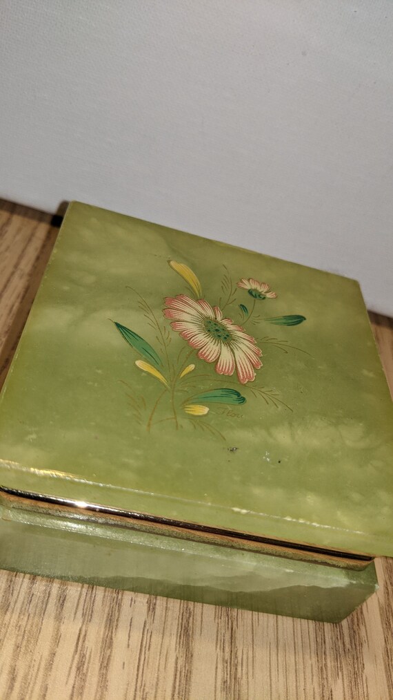 Green Square Alabaster Trinket Box / Floral Design / … - Gem