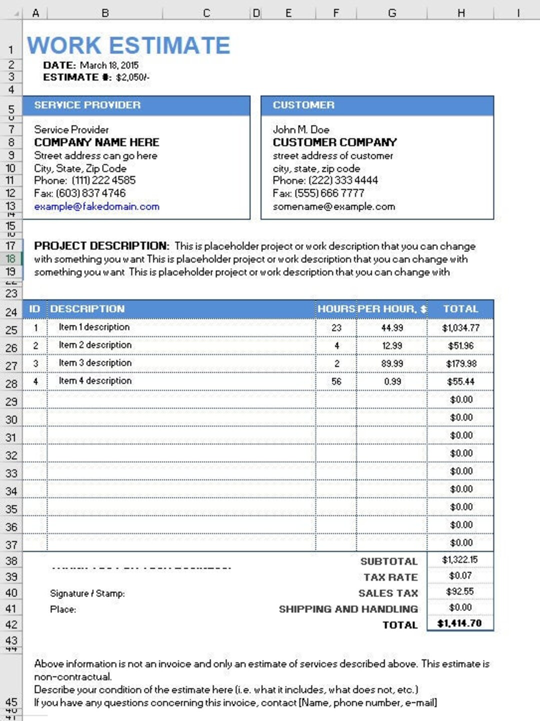 Work Estimate Form / Estimate Sheet / Digital Download / Instant ...