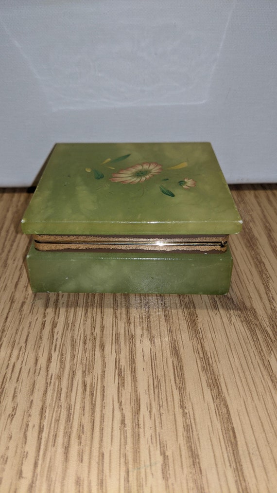 Green Square Alabaster Trinket Box / Floral Design / … - Gem