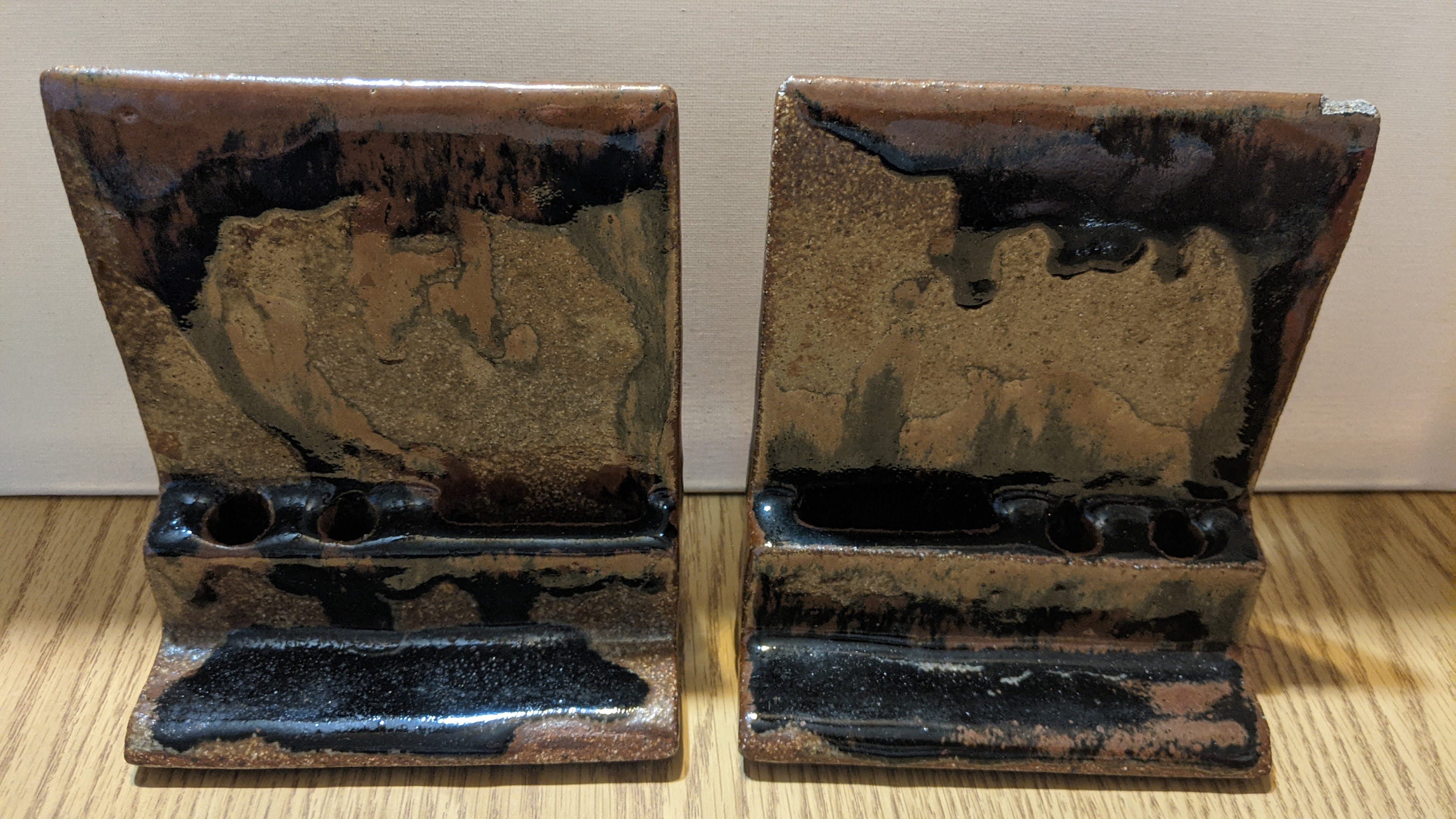 Glazed Pottery Bookends With Pen Holder / Earthenware / - Etsy