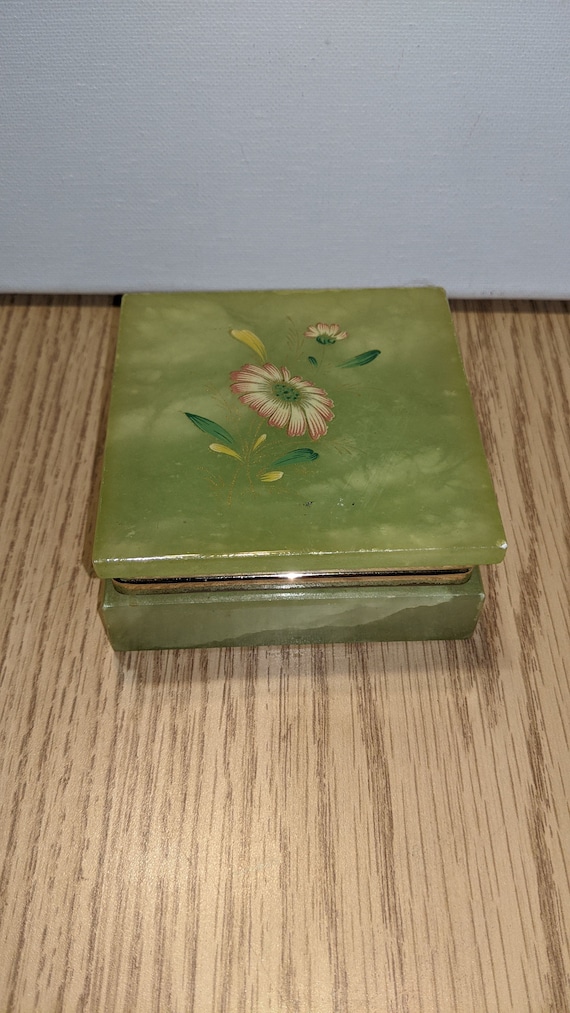Green Square Alabaster Trinket Box / Floral Design / … - Gem