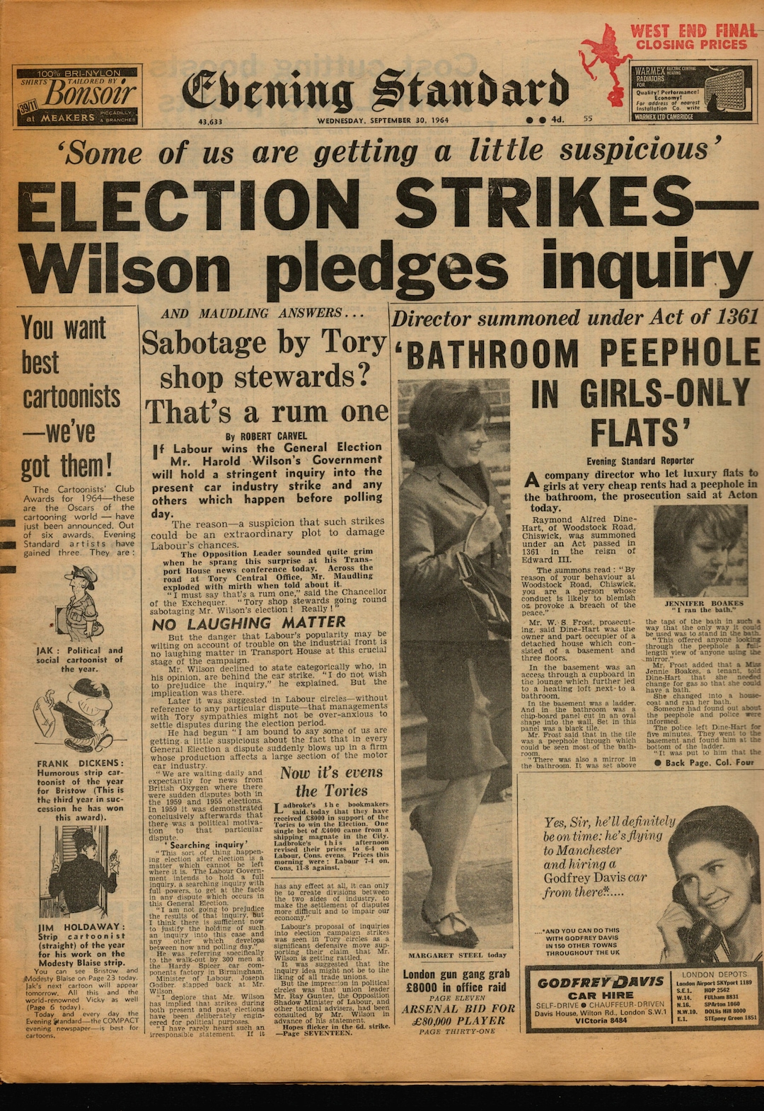 Evening Standard Sept 30 1964 Original Vintage Rare Newspaper Margaret ...