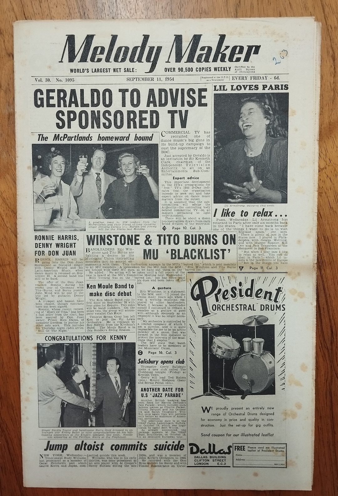 Melody Maker Sept 11 1954 British Pop Newspaper Ronnie Harris Denny ...