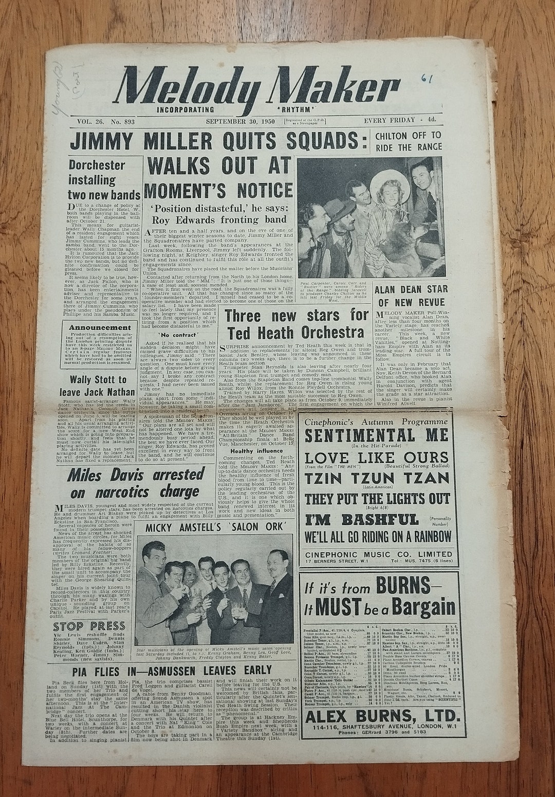 Melody Maker Sept 30 1950 British Pop Newspaper Jimmy Miller - Etsy