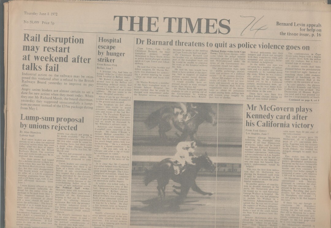 The Times June 8 1972 Original Rare Vintage Newspaper Birthday Lester ...