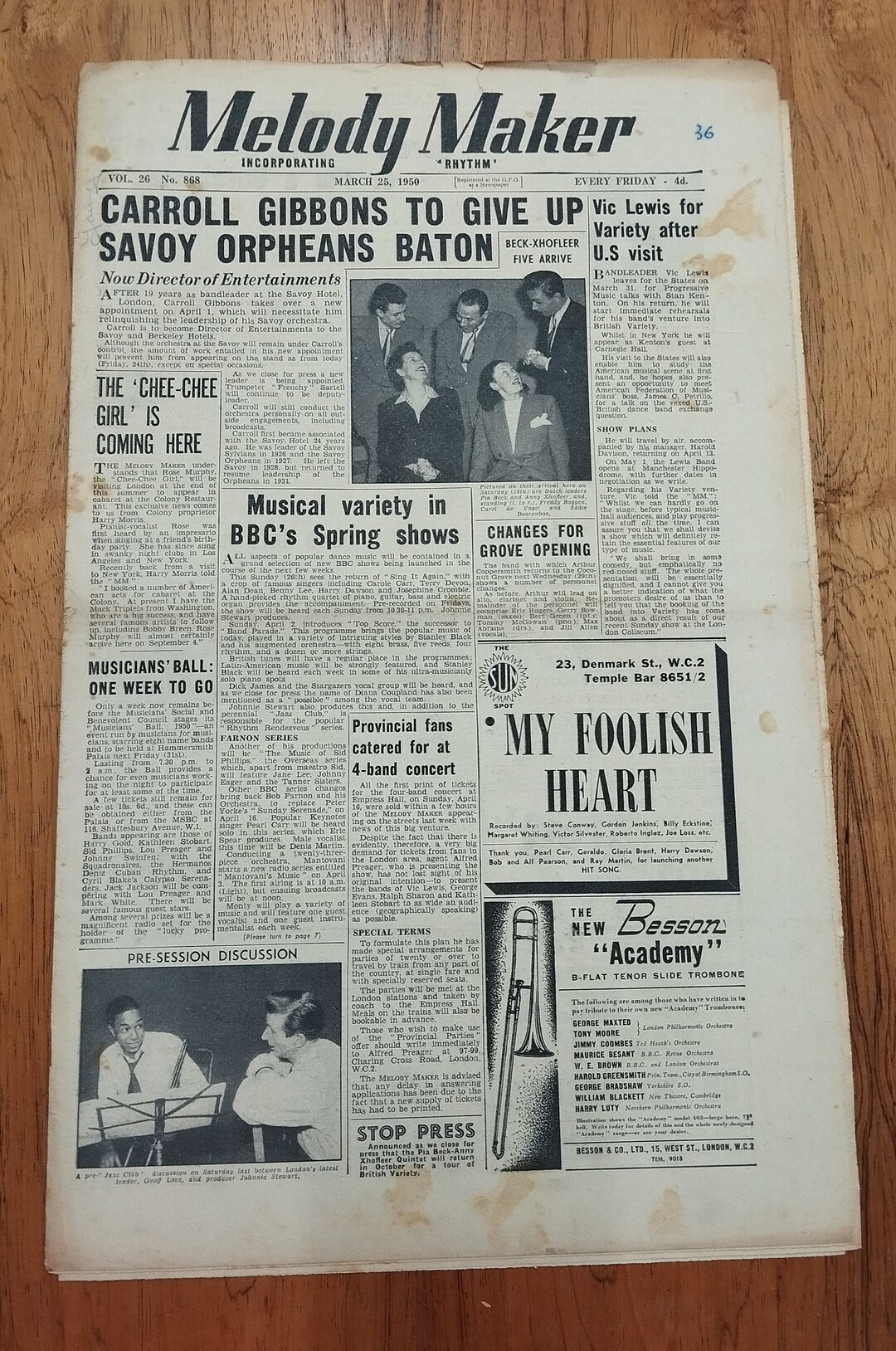 Melody Maker March 25 1950 British Pop Newspaper Carroll Gibbons - Etsy
