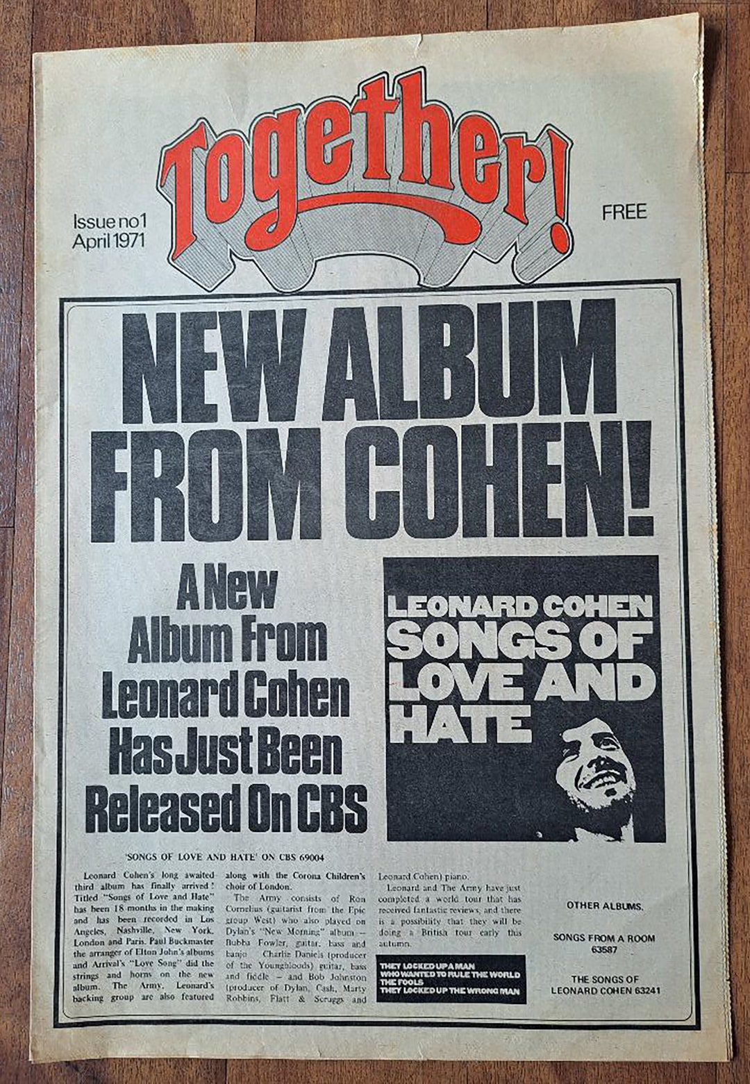 Together Issue 1 April 1971 New Album From Leonard Cohen - Etsy