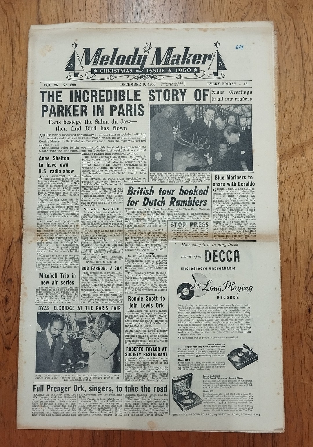 Melody Maker Dec 9 1950 British Pop Newspaper Charlie Parker - Etsy