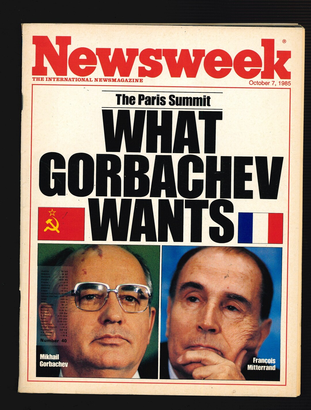 Newsweek Magazine October 7 1985 the Paris Summit Gorbachev Mitterrand ...