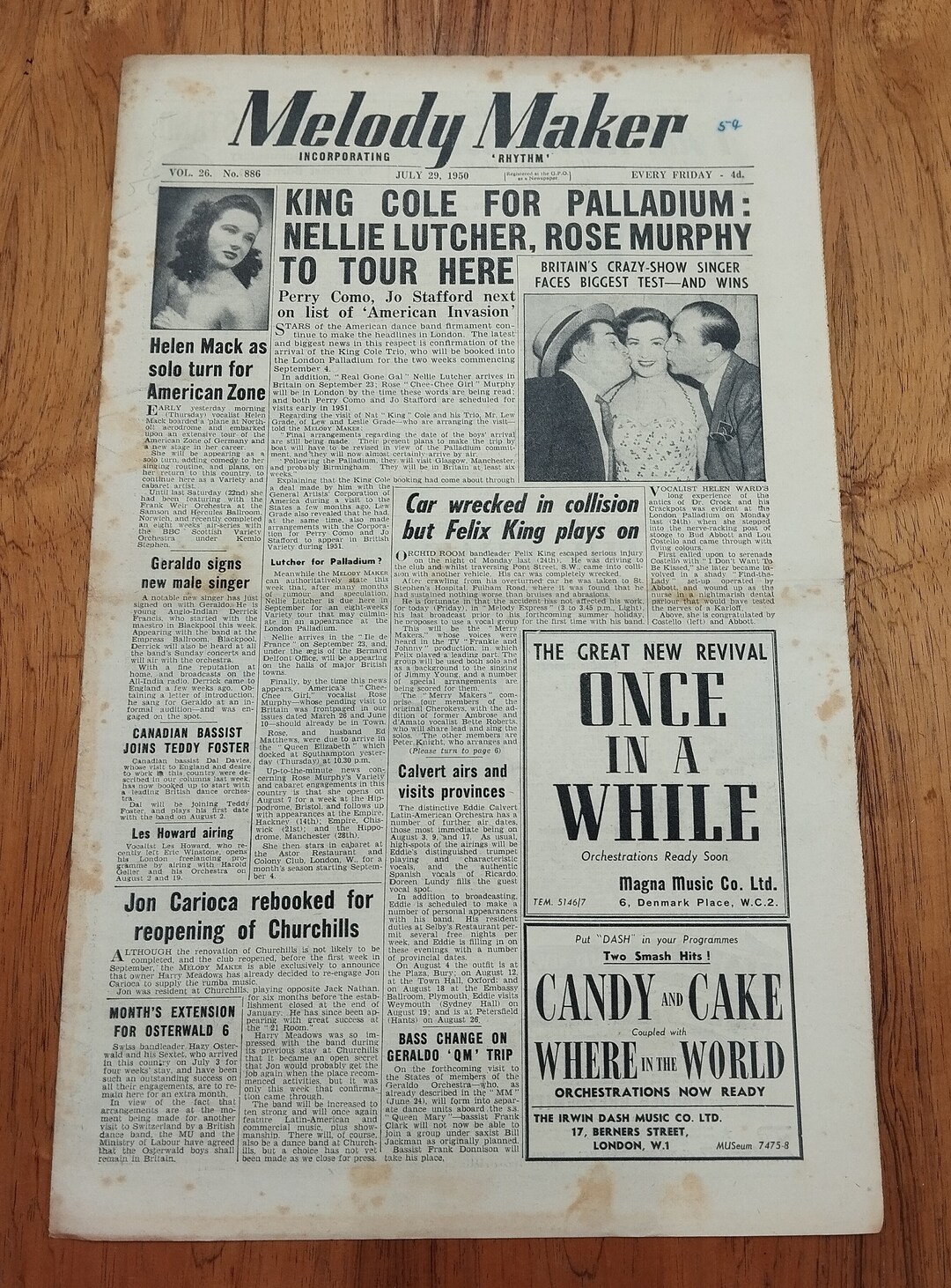 Melody Maker July 29 1950 British Pop Newspaper Nat King Cole - Etsy