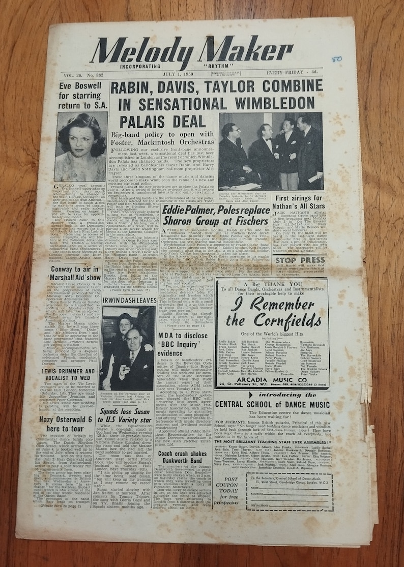 Melody Maker July 1 1950 British Pop Newspaper Rabin , Davis, Taylor - Etsy