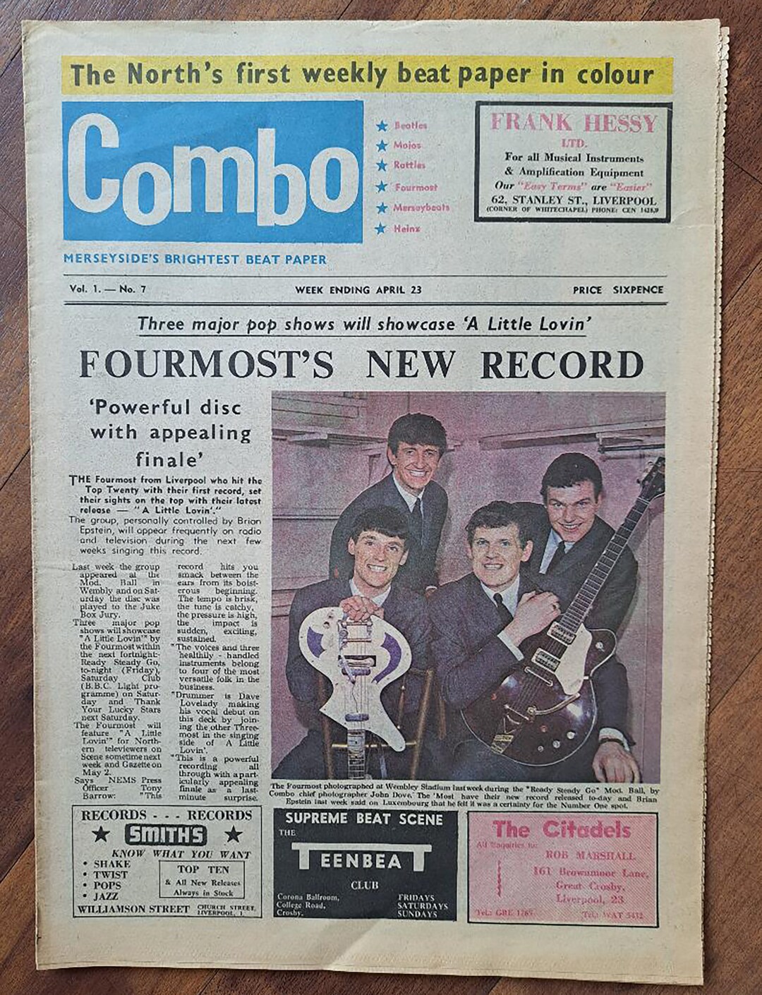 Combo Beat Paper Vol 1 No 7 April 1964 Front Page : Fourmost - Etsy UK