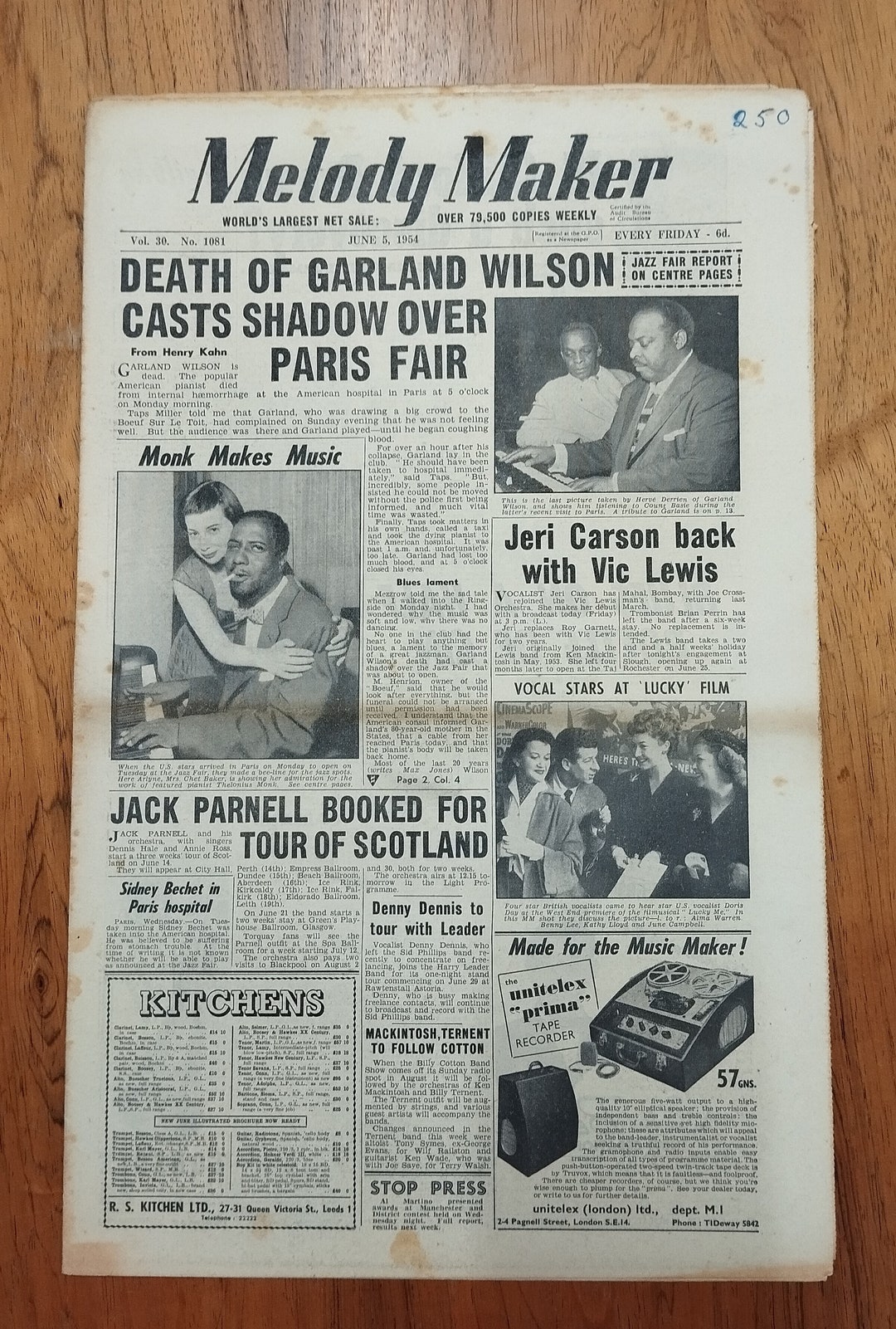 Melody Maker June 5 1954 British Pop Newspaper Death of Garland Wilson ...