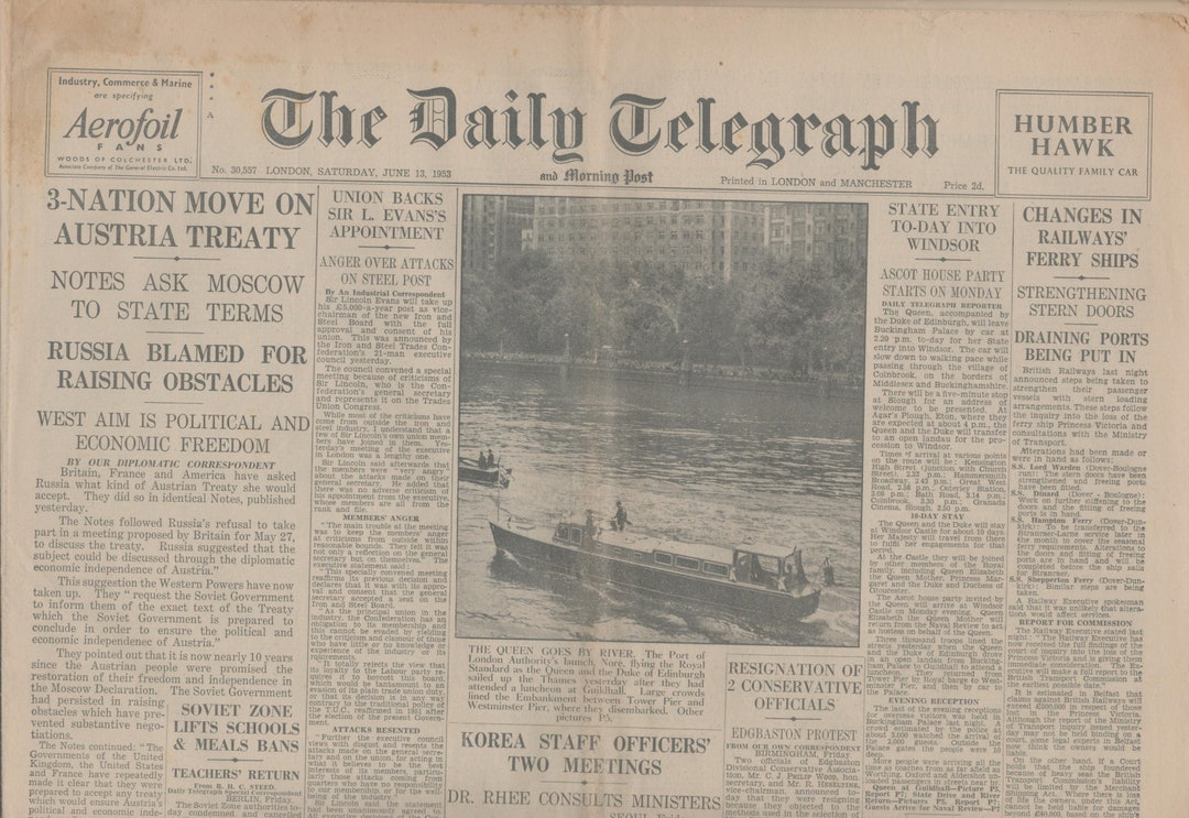 Daily Telegraph Newspaper June 13 1953 Queen Elizabeth II & Duke ...
