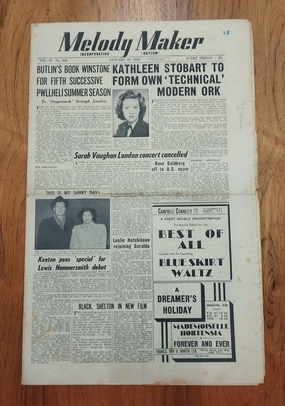 Melody Maker Jan 28 1950 British Pop Newspaper Kathleen Stobart - Etsy