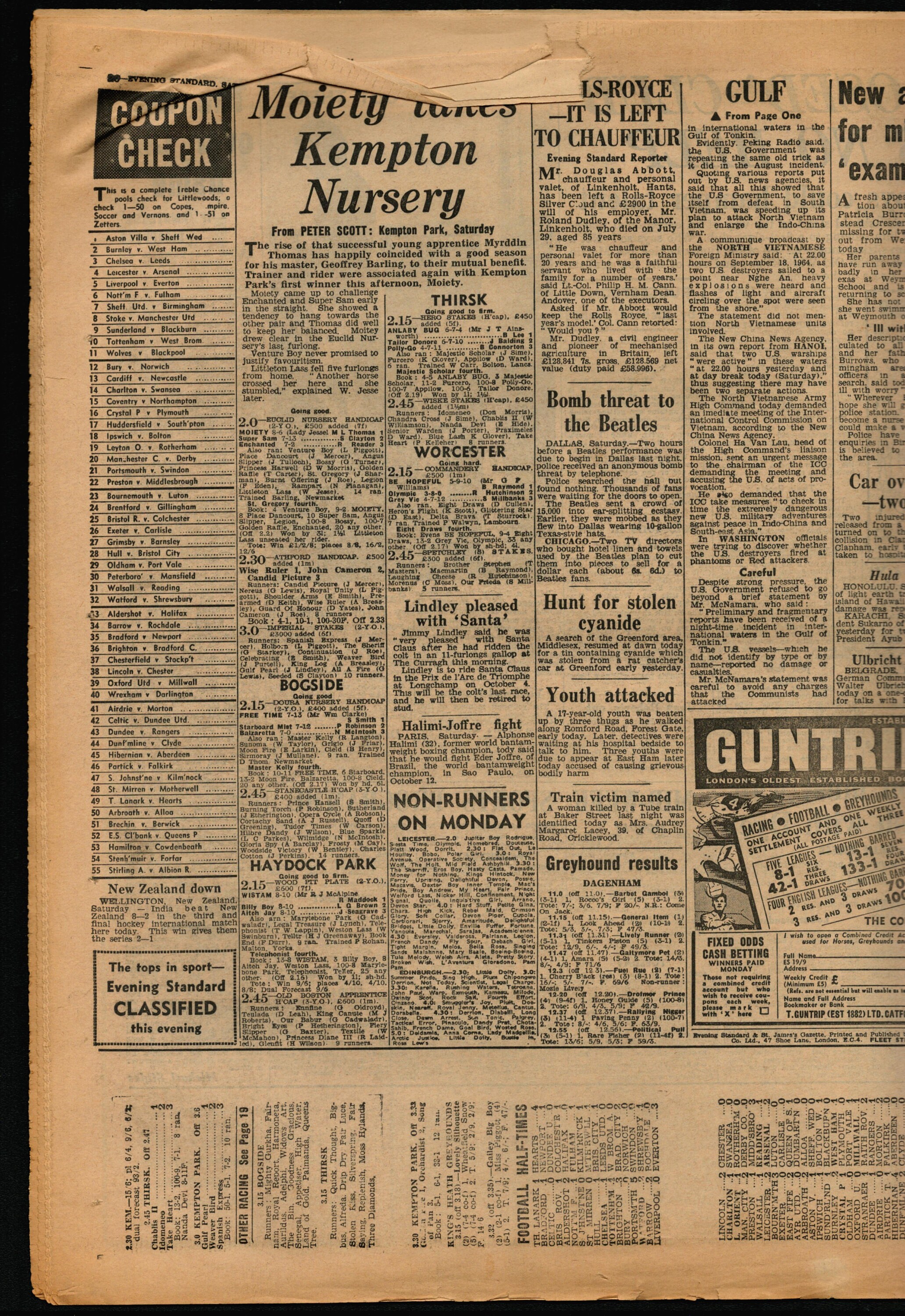 Evening Standard Sept 19 1964 Original Vintage Rare Newspaper Birthday ...