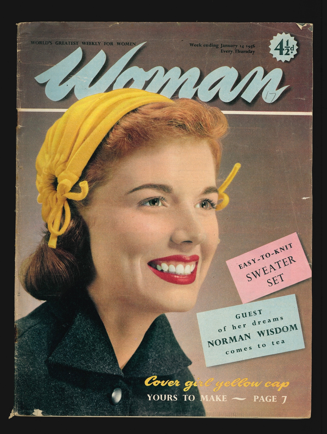 Woman Jan 14 1956 Vintage Magazine Cover Girl Yellow Cap - Etsy