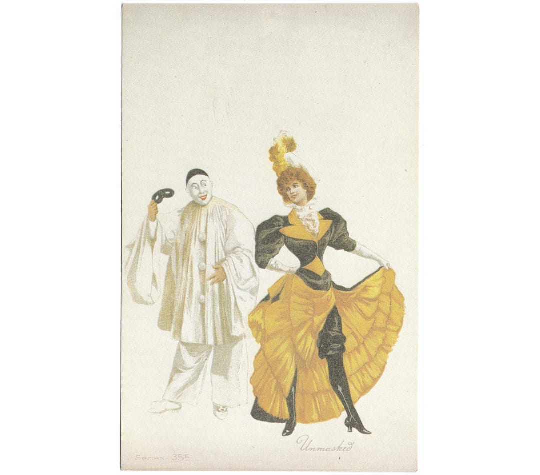 Vintage Pierrot Postcard: Unmasked Lady, Yellow & Black Costume, C1900 ...