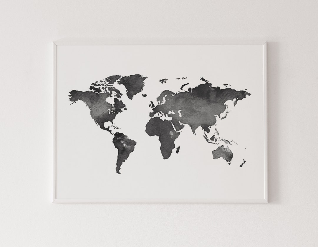World Map - Black Watercolor Poster, World Map Print, Atlas Wall Art ...