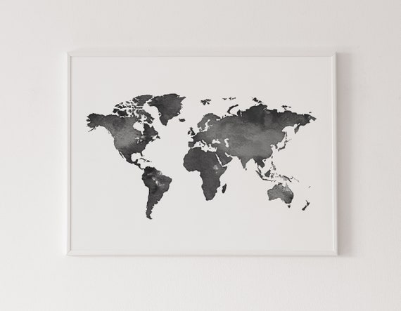 World Map Black Watercolor Poster World Map Print Atlas | Etsy