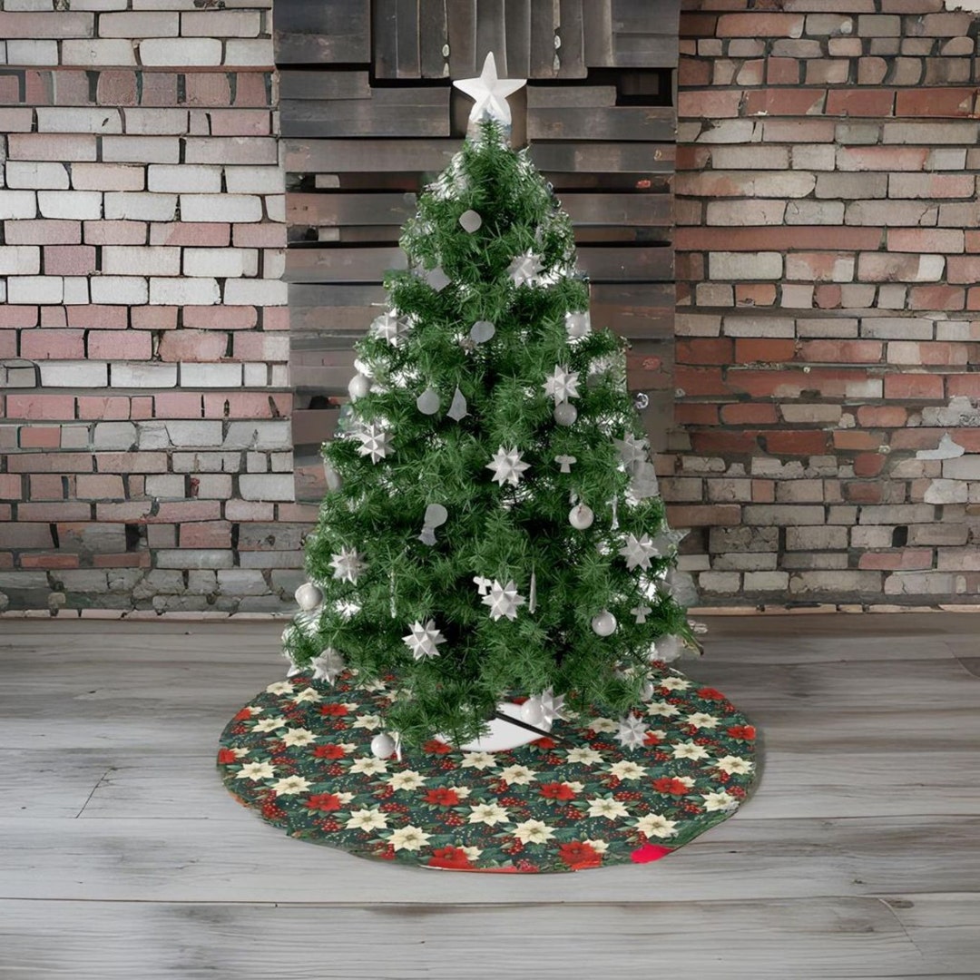 Christmas Holly Poinsettia Tree Skirt, Festive Holiday Decor, Red Green ...