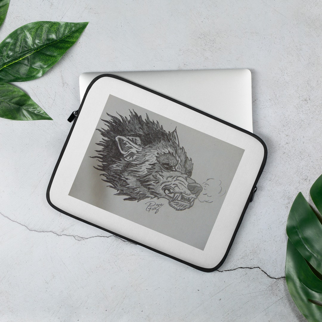 Stylish Wolf Laptop Sleeve, Hand Drawn Design, Protective Cover, Nature ...