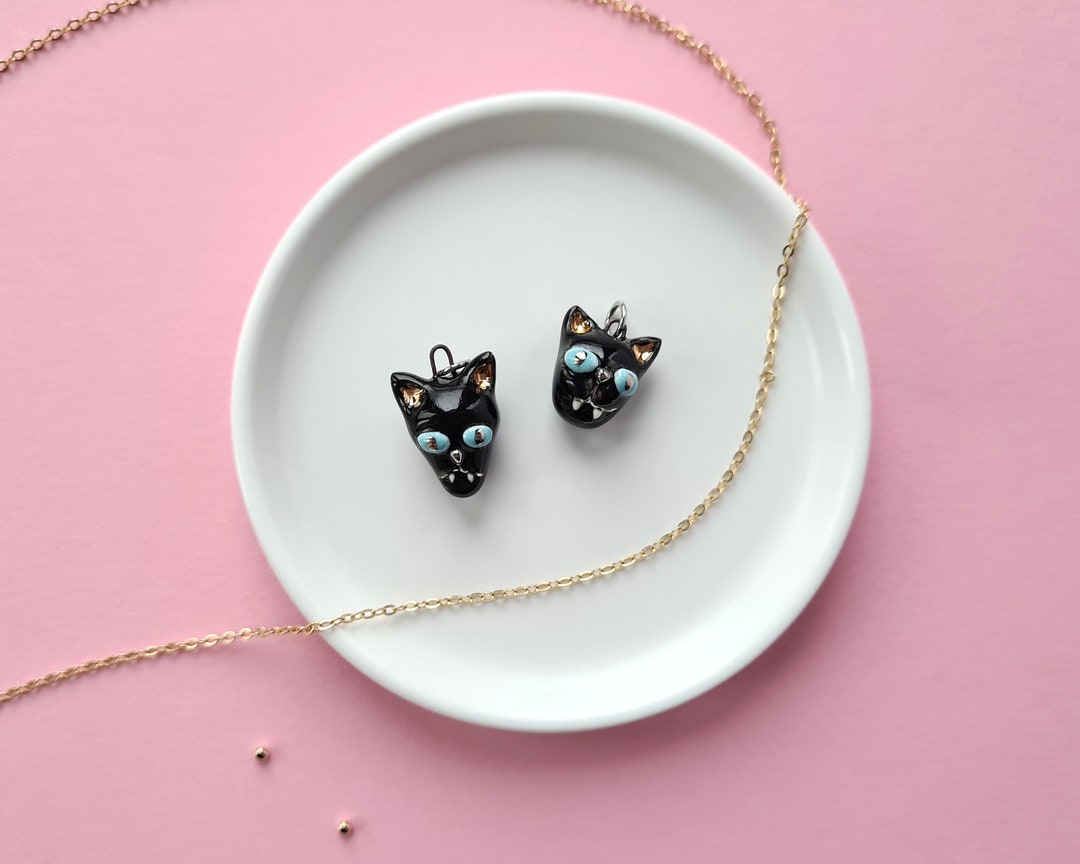 Porcelain Black Cat Necklace, Cute Cat Charm, Black Cat Jewelry ...
