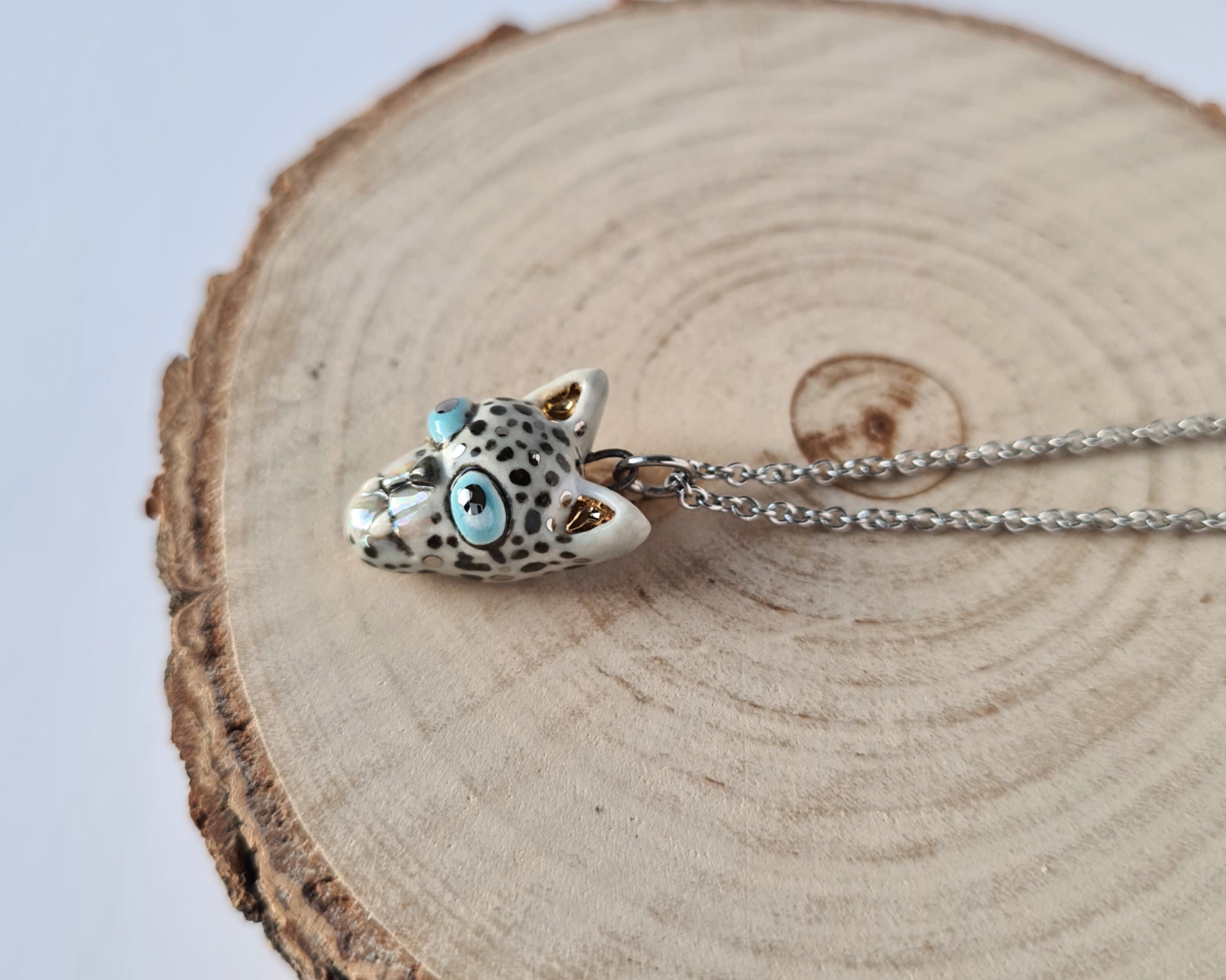 Porcelain Leopard Necklace Snow Leopard Charm Ceramic Animal - Etsy