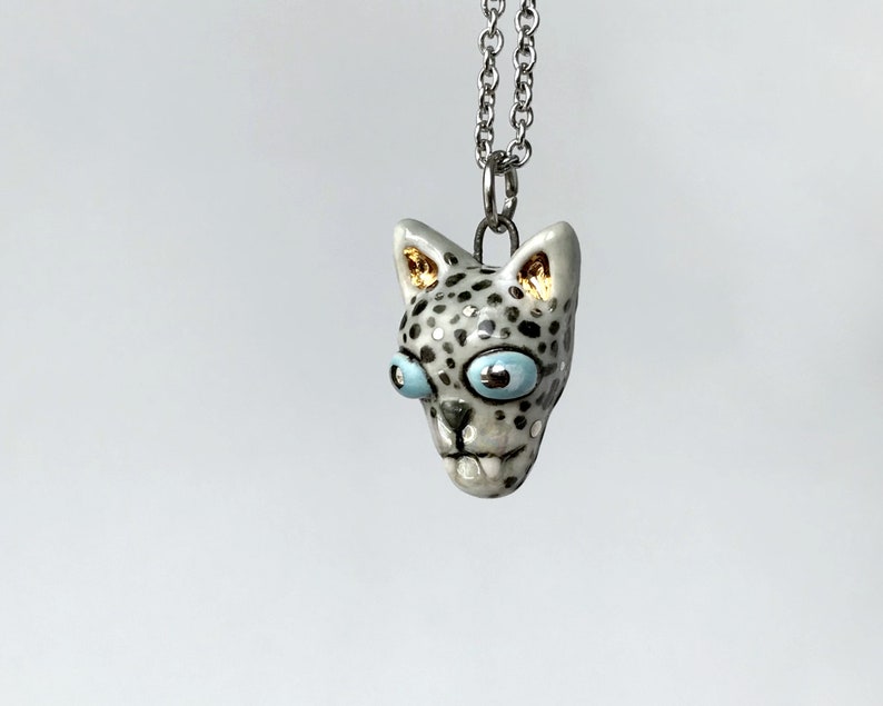 Porcelain Leopard Necklace, Snow Leopard Charm, Ceramic Animal Pendant ...