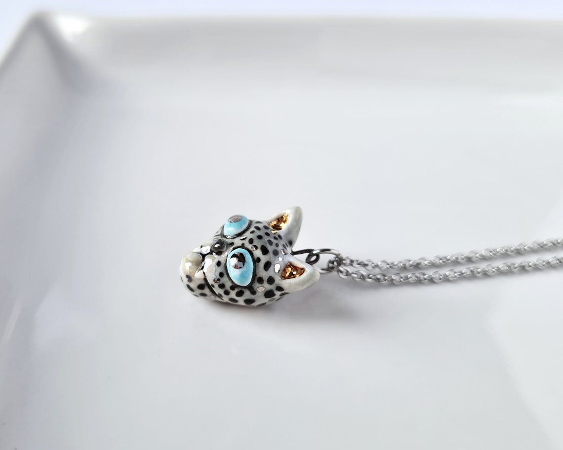 Porcelain Leopard Necklace Snow Leopard Charm Ceramic Animal | Etsy