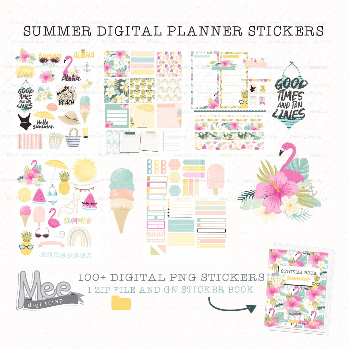 Tropical Summer Digital Planner Stickers: Flamingo PNG Clipart ...