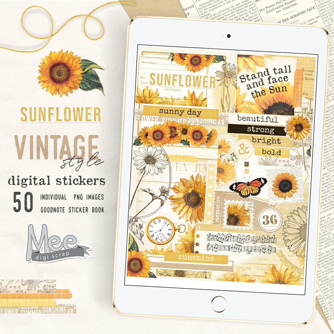 Sunflower Digital Stickers: Vintage Planner, Goodnotes (PNG) - Etsy