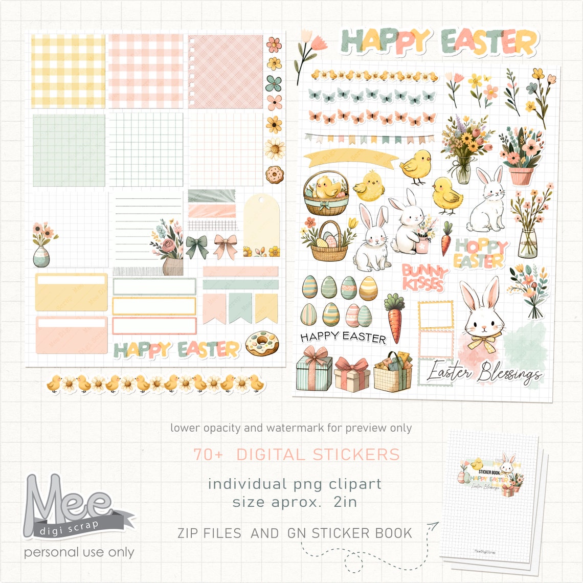 Easter Digital Stickers, Bunny Floral Planner Clipart (goodnotes PNG ...