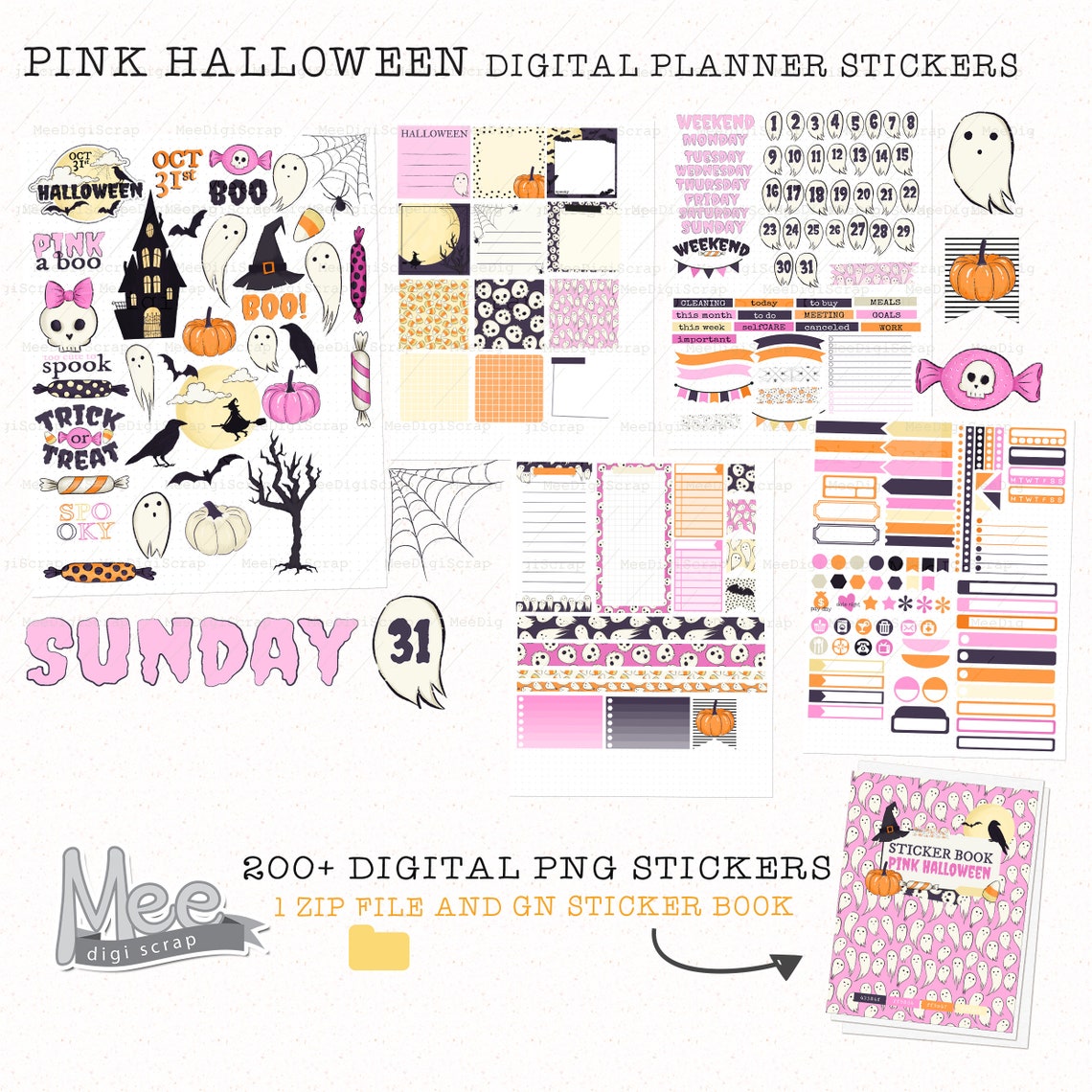 Pink Halloween Planner Stickers, October Digital Stickers (goodnotes ...