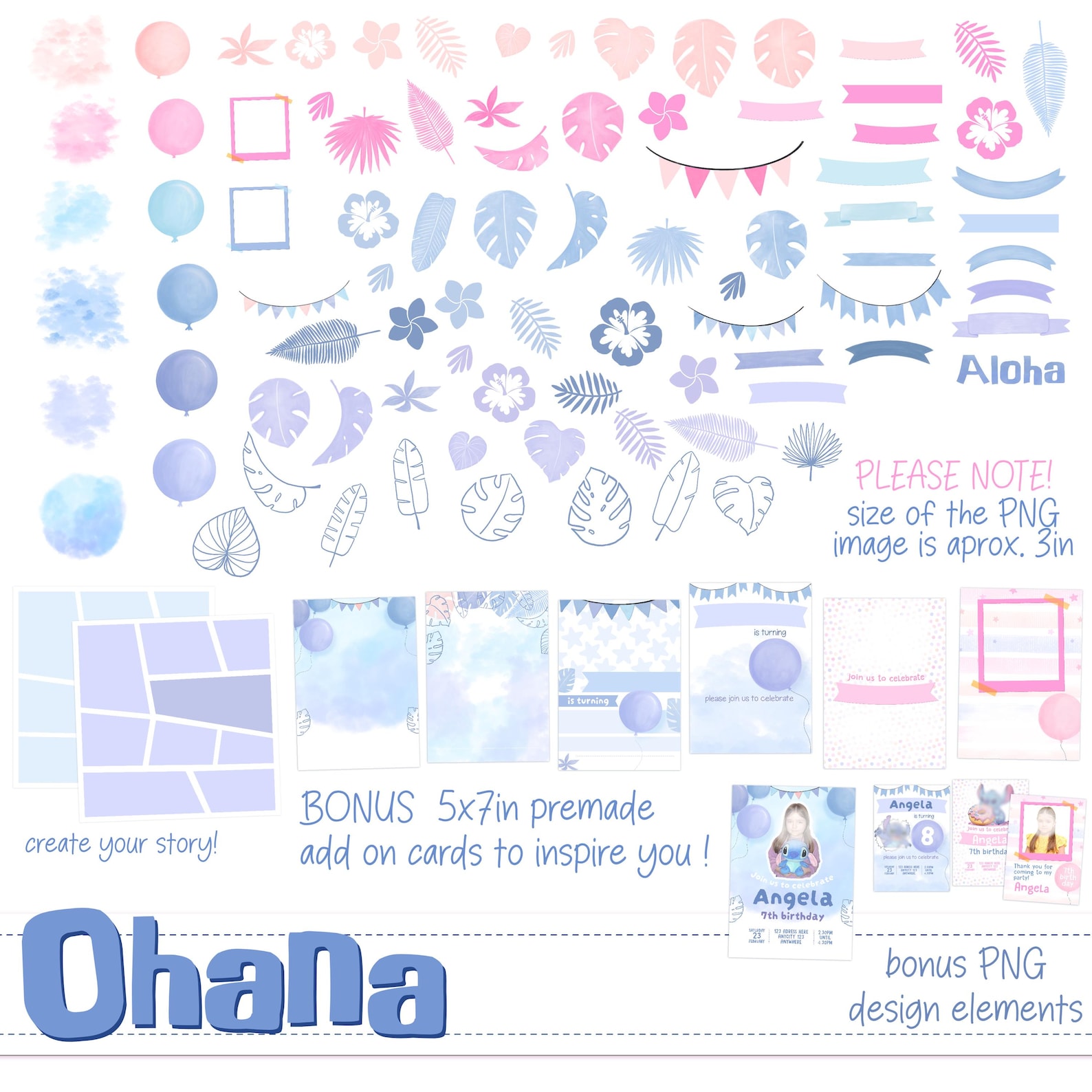 Blue Ohana Scrapbook Paper Set: Tropical Stitch Design Elements ...