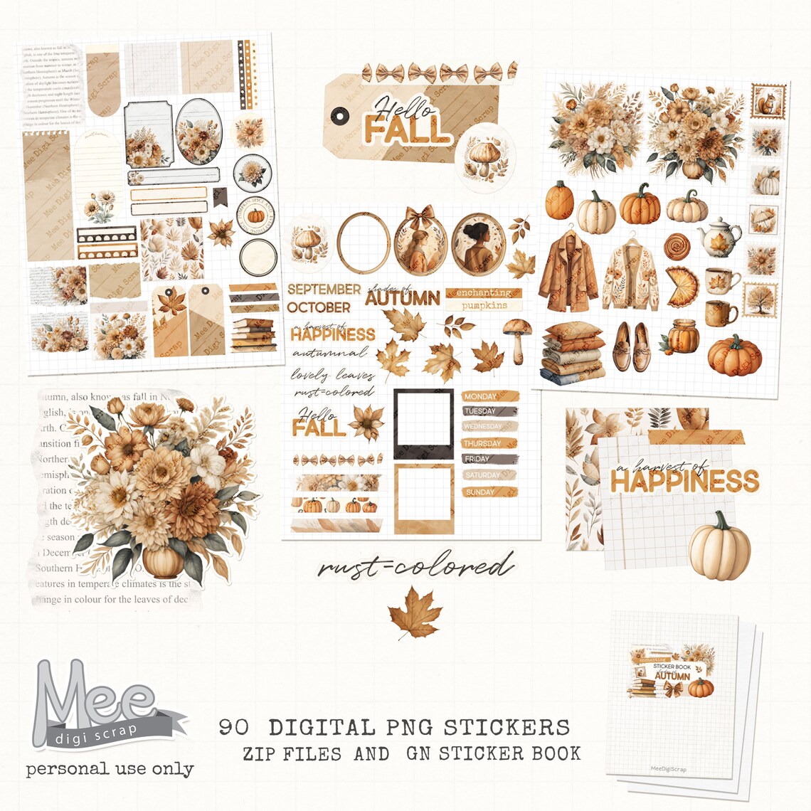 Autumn Digital Stickers: Fall Florals, Scrapbook Planner (PNG) - Etsy