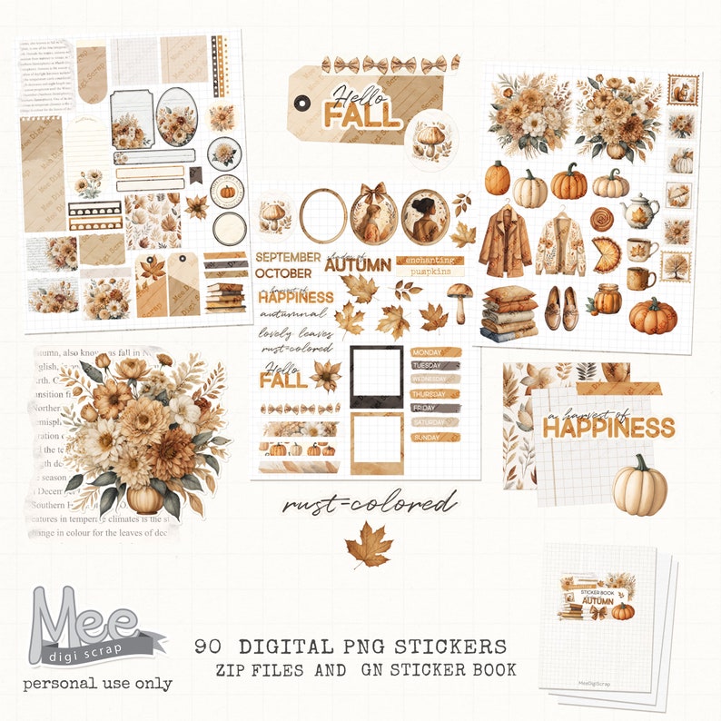 Autumn Digital Stickers: Fall Florals, Scrapbook Planner (PNG) - Etsy